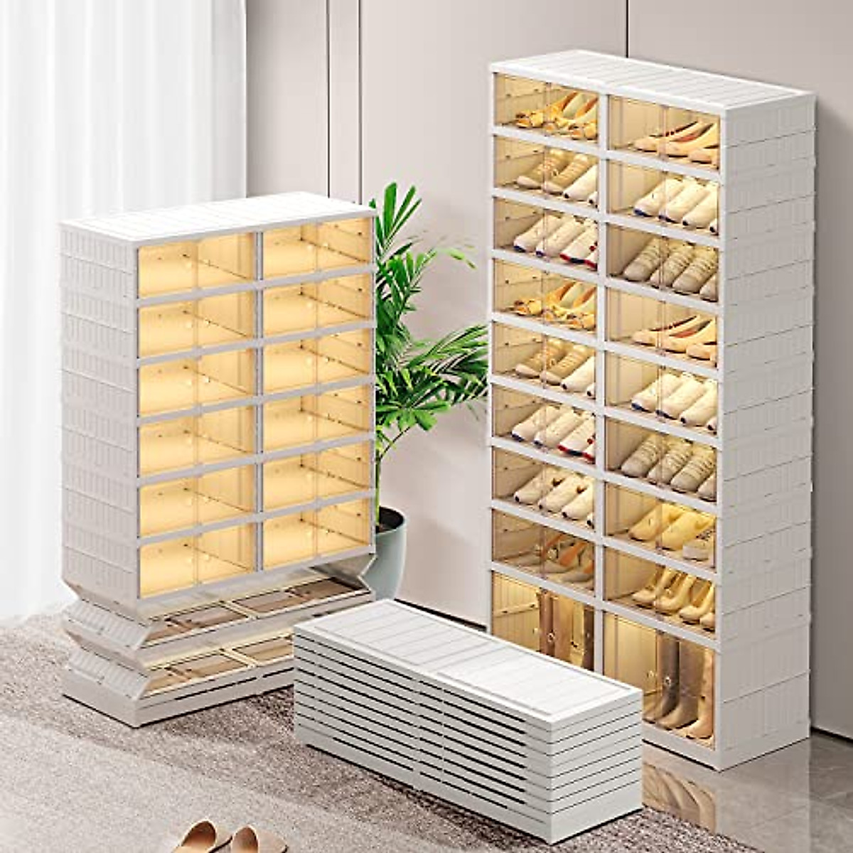 CIMLORD 9-Tier Foldable Shoe Rack Organizer for Closet 18-36Pairs Plastic Collapsible Shoes Storage Box Clear Shoe Boxes Stackable with Door Easy Assembly Shoe Cabinet Bins with Lids Large