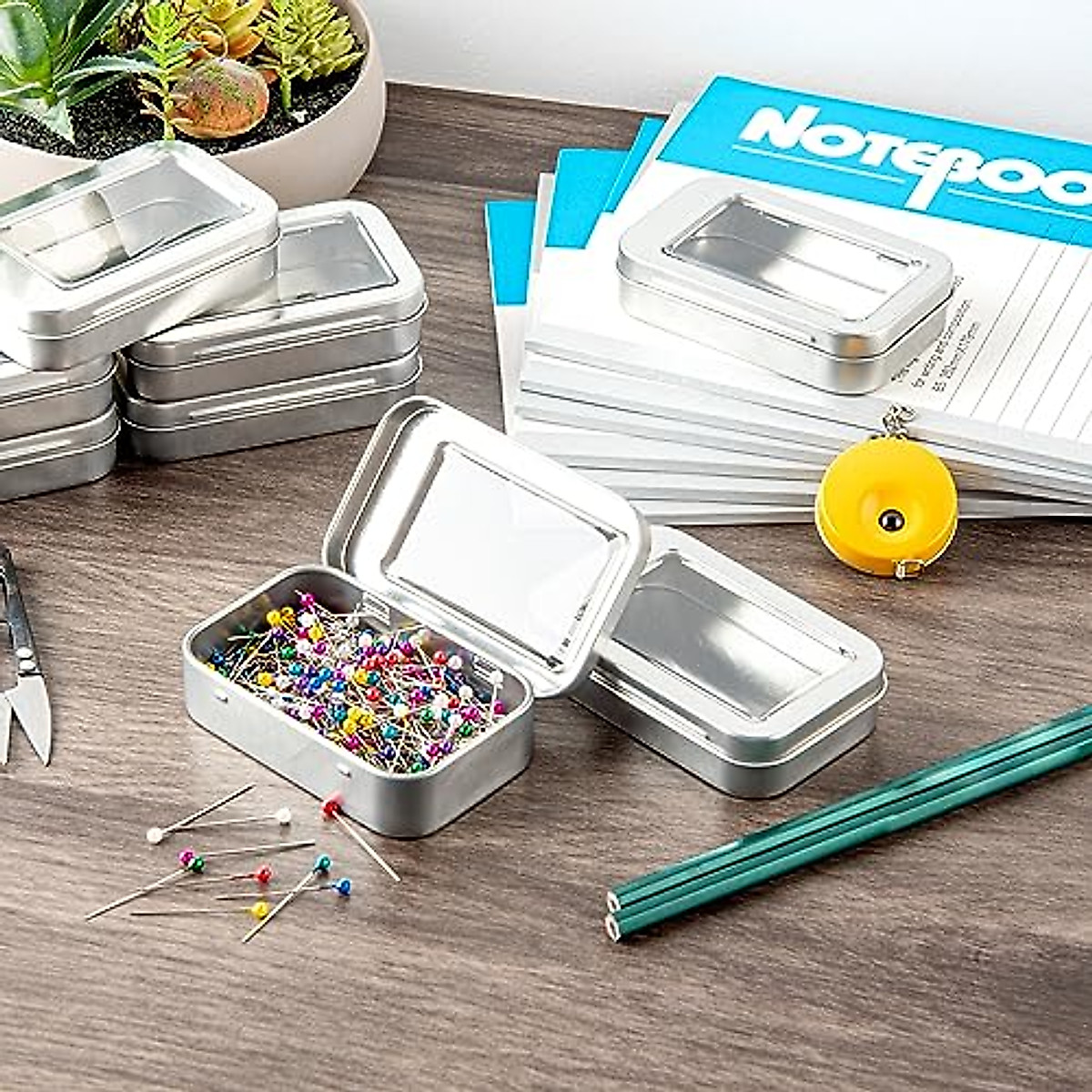 Restaurantware RW Base 4.5 Ounce Rectangular Tin Containers 10 Durable Tin Boxes With Lids - Clear Window Lids Rounded Edges Silver Tin Storage Containers Customizable Fits Mints Or Pills