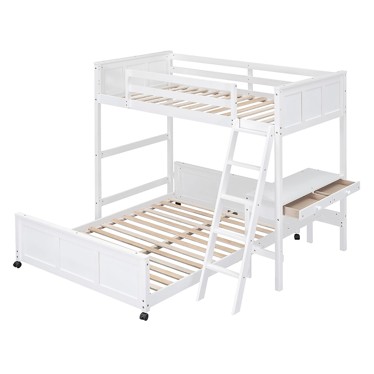 BIADNBZ Twin Over Full Bunk Bed with Desk and Drawers, Wooden L-Shaped Bunkbed Convertible to Loftbed and Platform Bedframe, for Kids/Teens/Aduts Bedroom, White