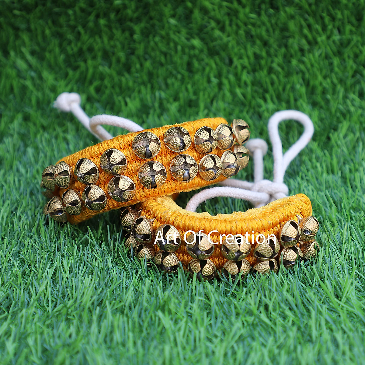 Art Of Creation Dancing Ankle Kathak Ghungroo Pair 40 Bells 2 Lines Handmade Musical Instrument Classical Bharatnatayam Kuchchipudi (Yellow Padded 40 Bell)