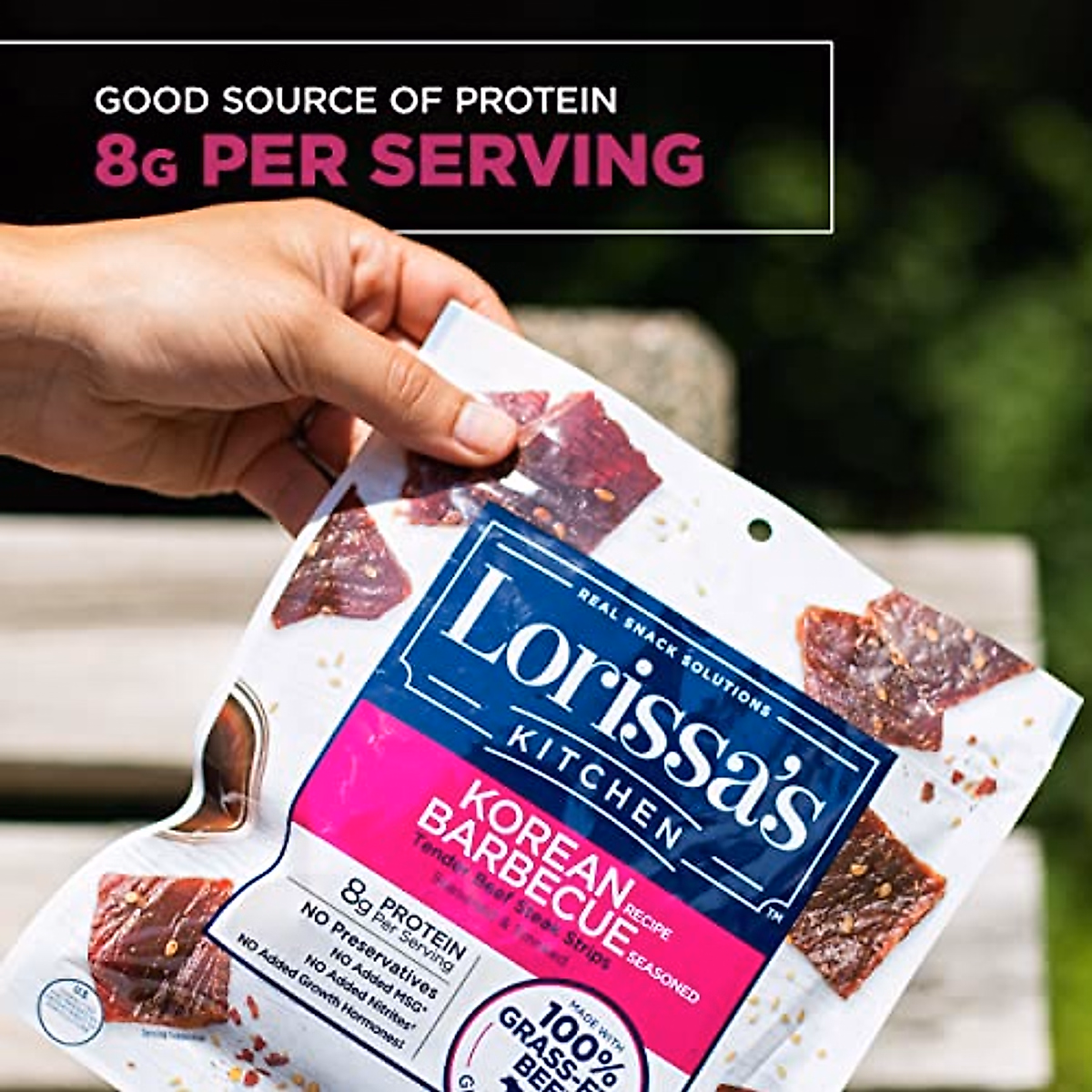 Lorissa's Kitchen Premium Grass-Fed Steak Strips, Korean Barbecue, 2.25 Oz. 4 Count - No Added MSG or Nitrites, Keto Friendly Snacks & Gluten Free, More Tender Than Traditional Beef Jerky