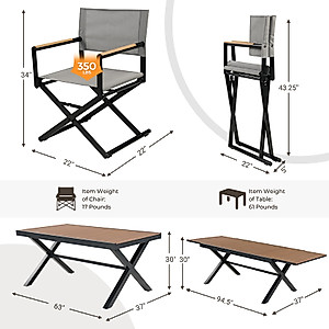 Grand patio 7-Piece Outdoor Dining Set, 6 Extra-Wide Foldable Chairs & 1 Extendable Table, UV-Resistant Mesh Patio Furniture Set, Wood Grain Tabletop for Garden, Yard and Terrace, Black