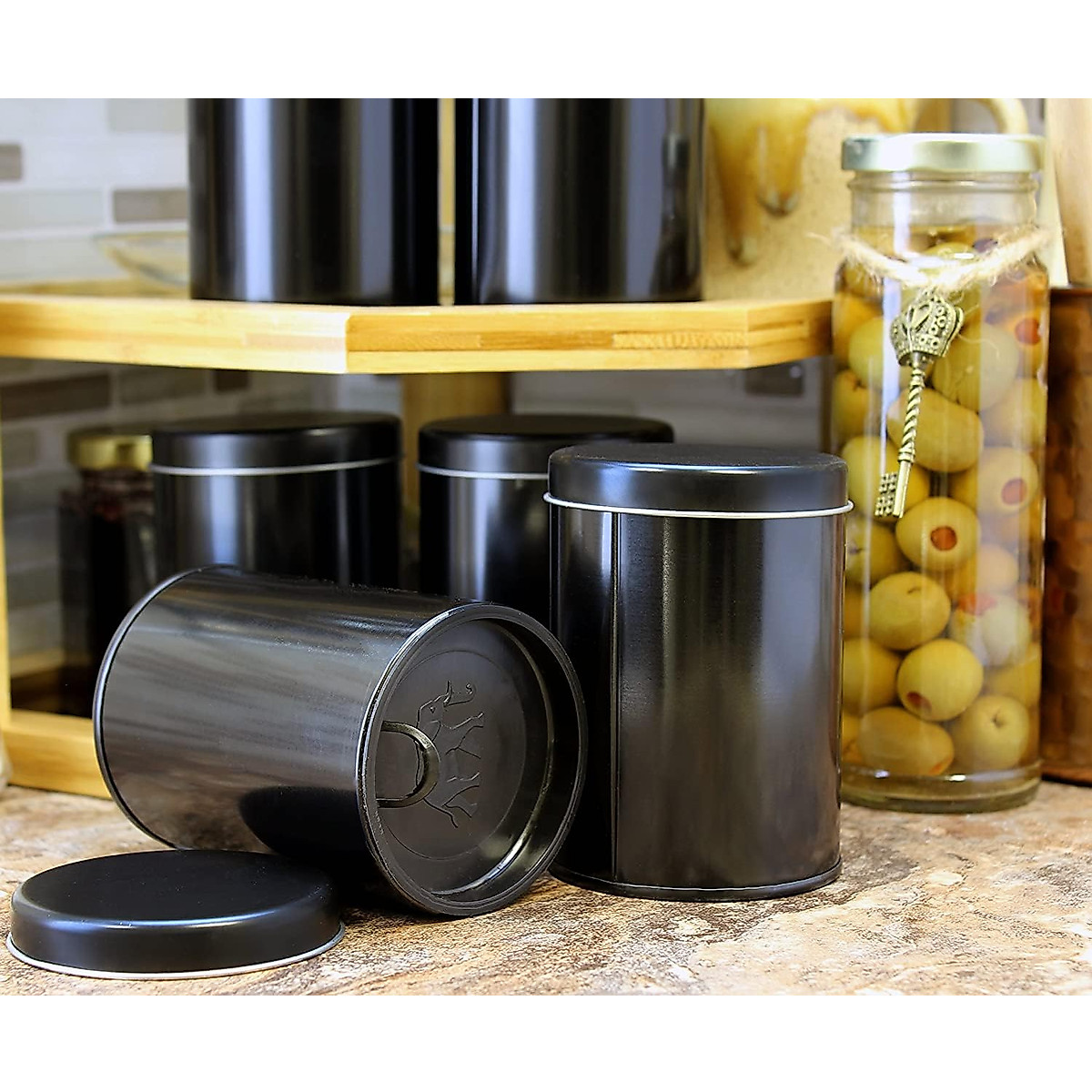 Double Seal Tea Canisters (6-Pack); Black Metal Round Tea Tins w/ Interior Molded Plastic Seal