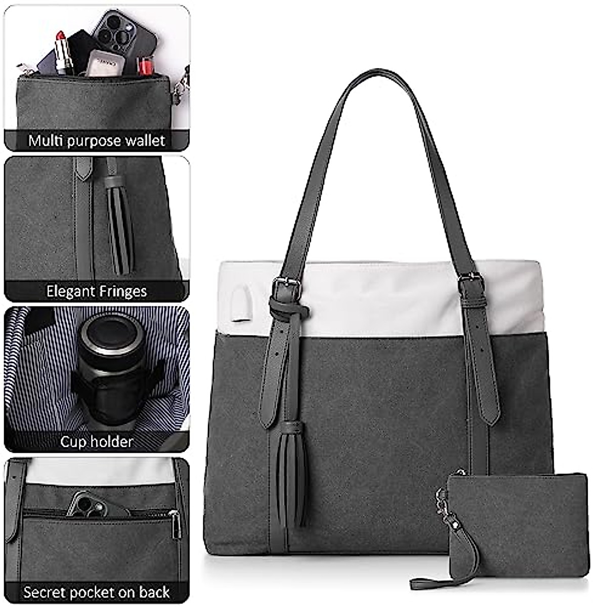 Tote Bag with Zipper for Women,Laptop Tote Purse with Cup Holder & Compartments for Work Travel Nurse Teacher College,Bolso para Mujer,Canvas,Gray