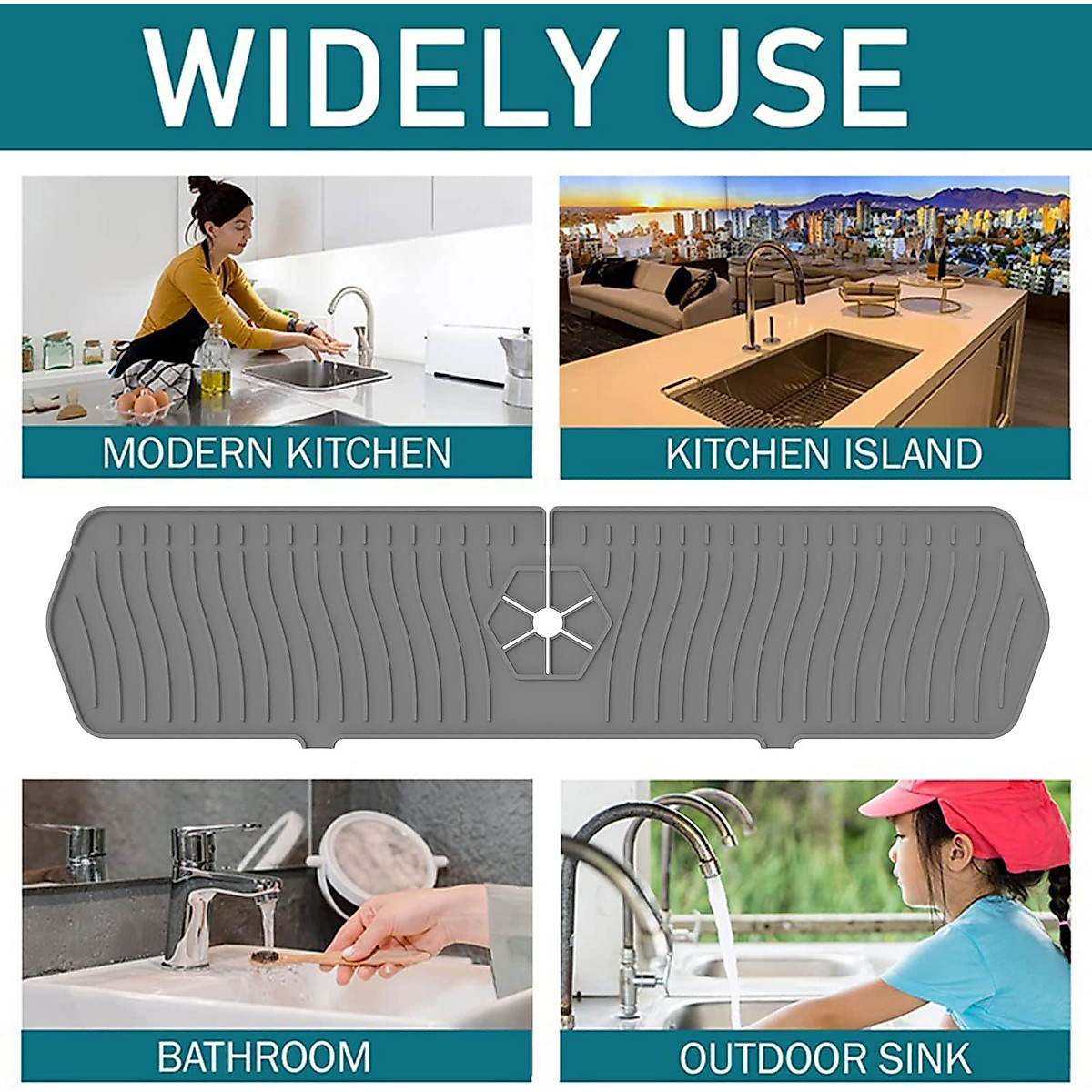 AMLETBH Silicone Sink Faucet Pad, Drip Protector Splash Countertop Protection, Kitchen Faucet Sink Splash Guard, Bathroom Faucet Water Catcher Mat, Sink Draining Pad Behind Faucet (L, Grey), Gray