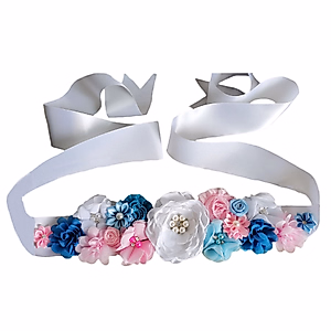 Maternity Pregnancy Flower Sash Belt, Rhinestone Feather Sash for Wedding Bride/Baby Shower Dress (White/Pink/Blue, One Size)