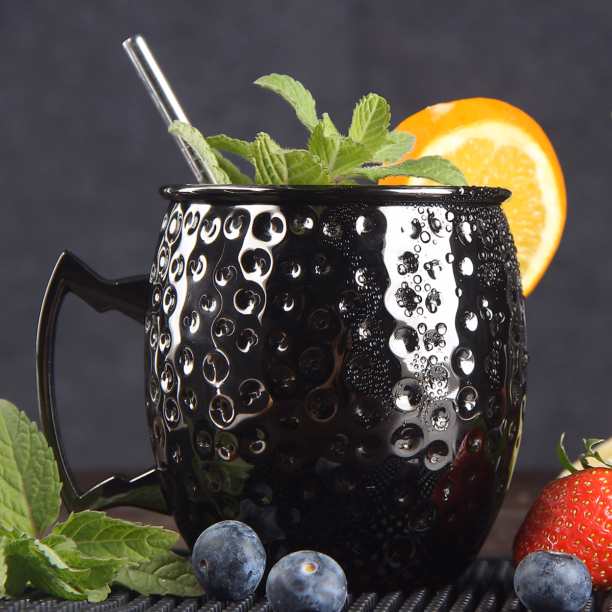 Shining Craft Moscow Mule Mugs Set of 2 - Black Plated Hammered Mugs 18 oz/ 550ml With Brass Handle and Stainless, Unlined Cups For Moscow Mule Cocktails and other Chilled Drinks (Black) SC020