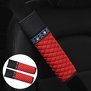 AICEL 2 Pcs Auto Seat Belt Cover, Sparkling Rhinestone Shoulder Strap for a More Comfortable Driving, Harness Pads Protect Your Neck, Accessories Compatible with All Cars and Backpack (Red)