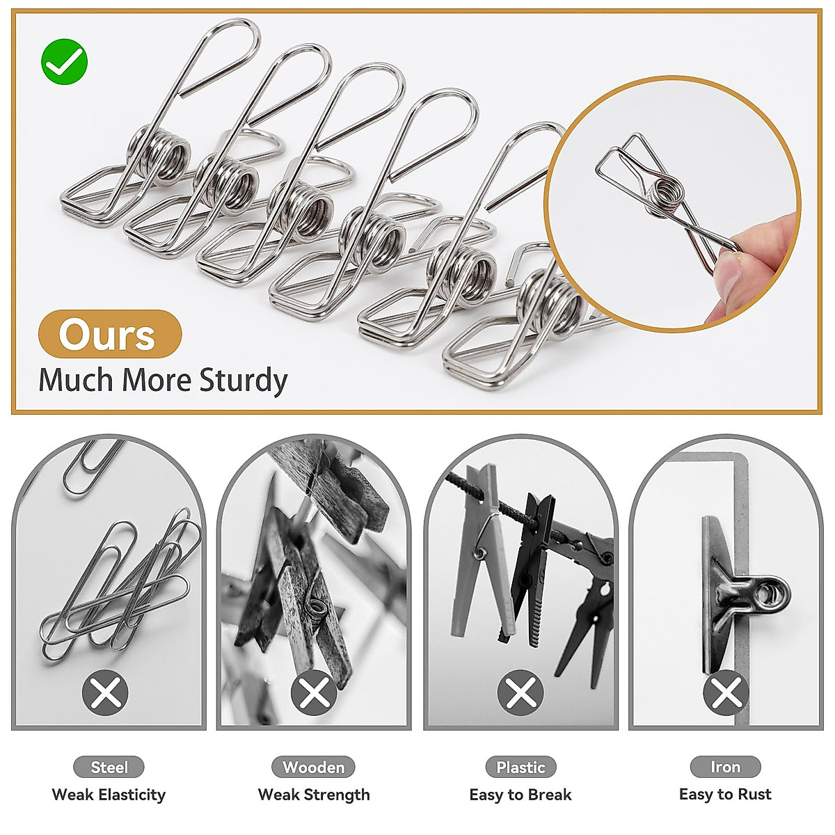40 Pack Clothes Pins Heavy Duty, 304 Stainless Steel Clothes Pins with Waterproof Bag, Metal Clothespins Assorted Size Include Extra Large, 2.4/2.6/3.4 Inch Laundry Pins for Hanging Clothes Outdoor