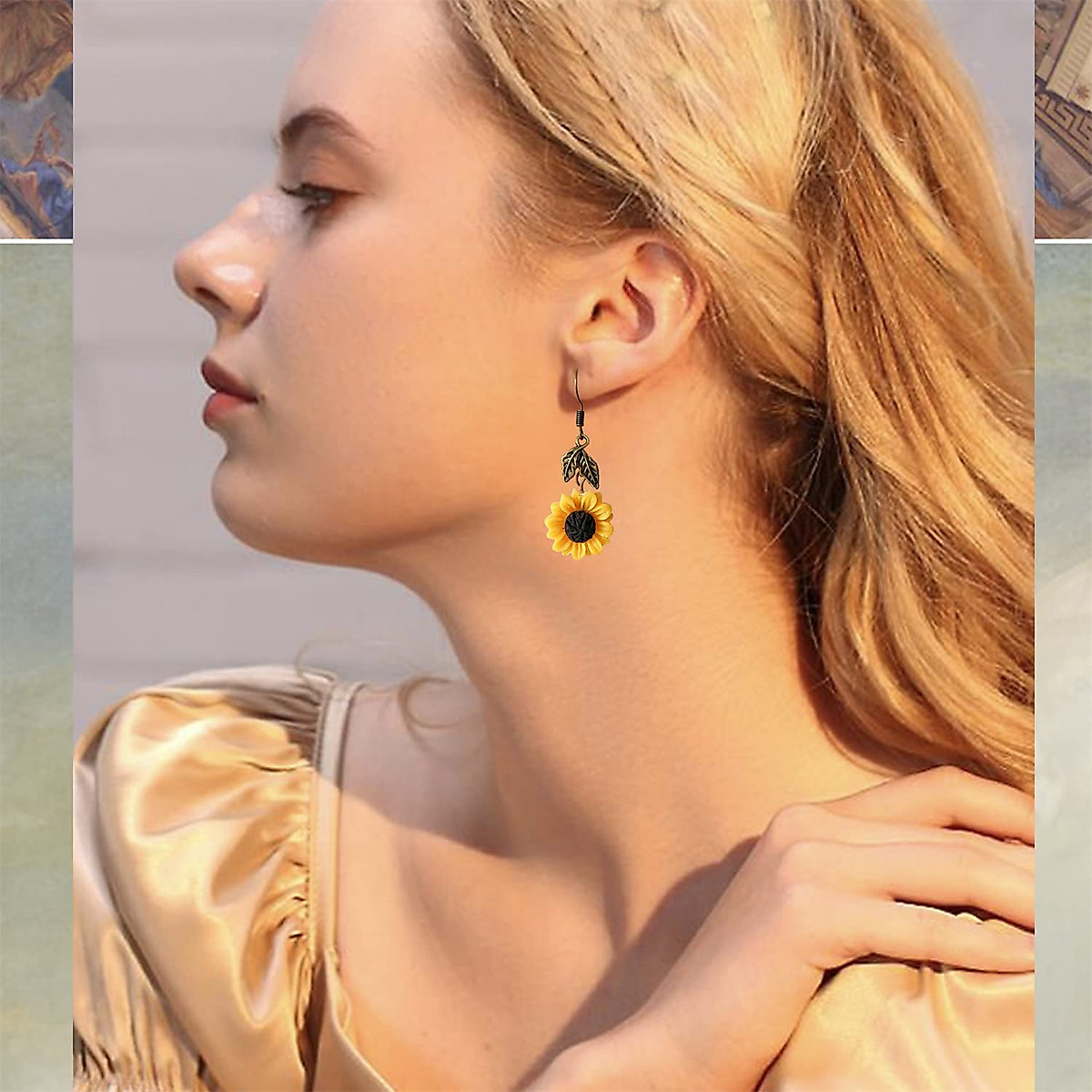 JIUIQL Handmade Resin 3D Sunflower Daisy Flower Dangle Drop Earrings Vintage Silver Leaf Bohemian Little Daisy Flower Hook Earring for Women Cute Elegant Summer Boho Jewelry (Vintage Gold)