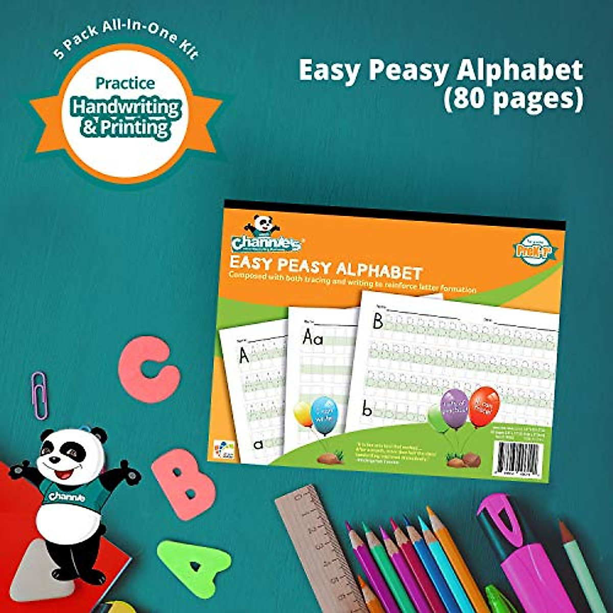 Channie’s All-In-One Visual Handwriting & Math Workbook Set for Pre-Kindergarten - 1st Grade Elementary School Students (5 Pack)