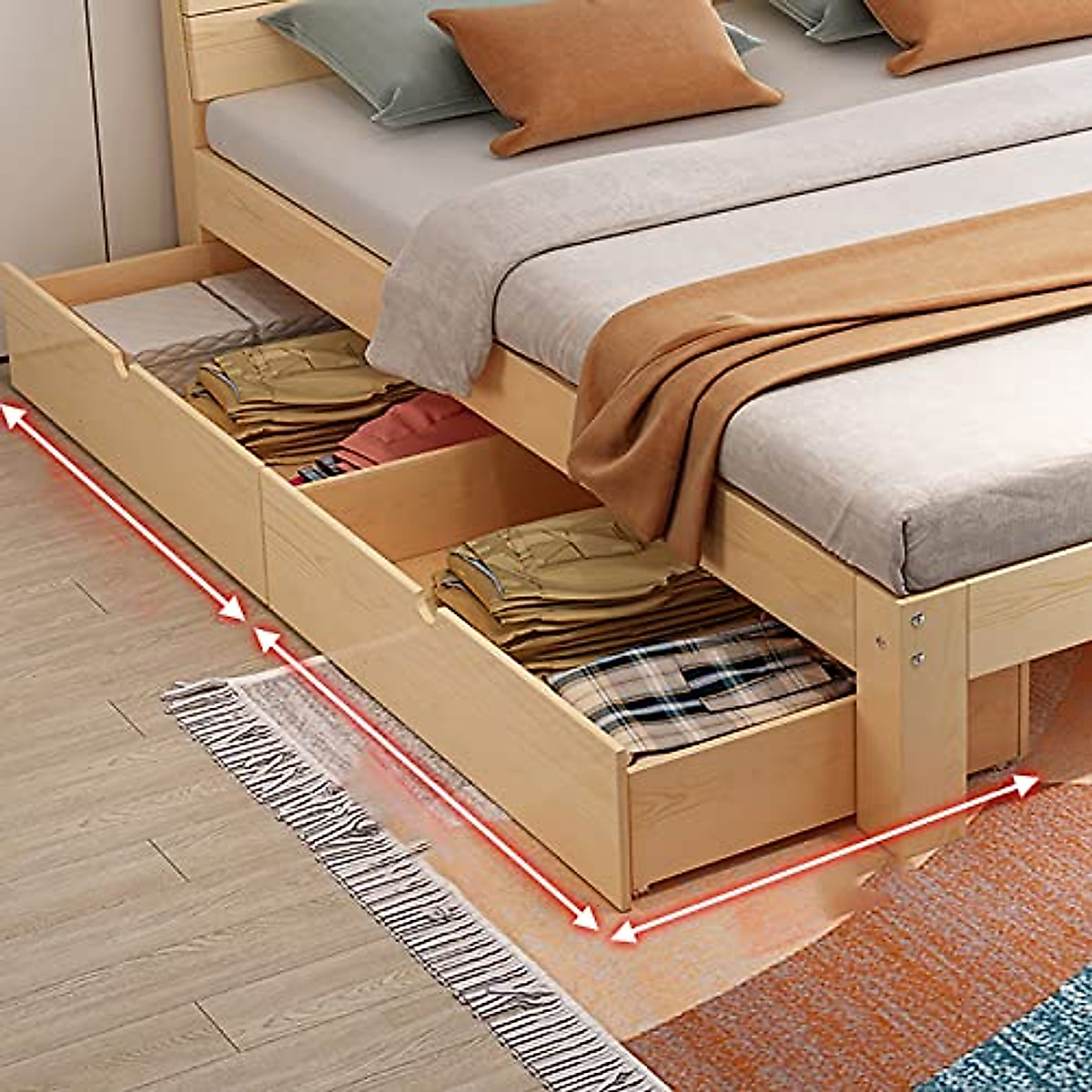 LITFAD Contemporary Pine Wood Platform Bed Natural Bed Frame with Headboard Mattress Wooden Slats Support Bed (No Box Spring Needed) - Storage Included Bed & Mattress Full-Covered, California King