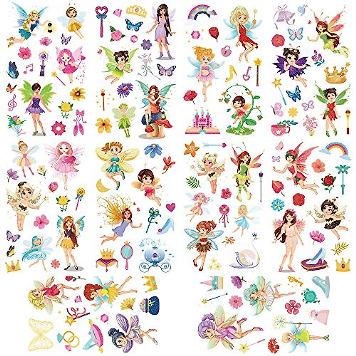 Yarlilyan 100+ Fairy Glitter Tattoos for Girls, Children Birthday Party Favor Temporary Tattoo Sticker, Magic Fantasy Butterfly Flower Pink Fake Waterproof tattoo on kids Body Hand Arm Face 10 Sheets