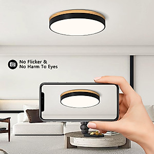 VIOLOEMI Modern Black Ceiling Light, Wood LED Close to Ceiling Lighting Fixtures, Round Flush Mount Ceiling Lamp for Kitchen Bedroom Bathroom Laundry Room Nursery Room Hallway（15.74 Inch）