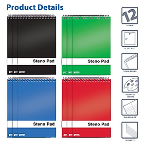 Spiral Steno Pads, 12 Pack, 6 x 9 inches, 80 Sheets, White Paper, Gregg Rule, by Better Office Products, Assorted Solid Colors (Red, Black, Blue, Green), 12 Steno Notebooks