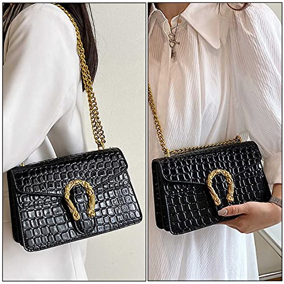 Qiayime Quilted Crossbody Shoulder Bag for Women Fashion Denim Leather Handbag Chain Messenger Satchel Purse Evening Bag (Crocodile black)