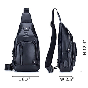 BULLCAPTAIN Men Sling Crossbody Bag with USB Charging Port Genuine Leather Shoulder Chest Bag Travel Hiking Backpack (Black)