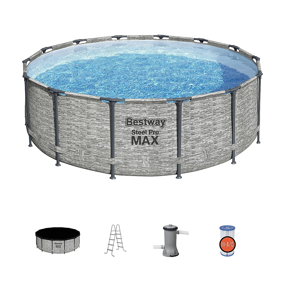 Bestway Steel Pro MAX 14 Foot x 48 Inch Round Metal Frame Above Ground Outdoor Swimming Pool Set with 1,000 Filter Pump, Ladder, and Cover, Gray