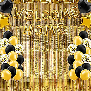 Lnlofen Welcome Home Balloon Banner Decorations Kit, 39Pcs, Including Gold Welcome Home Balloons Sign, Foil Curtains, Latex & Foil Balloons for Home Decoration Family Party Supplies