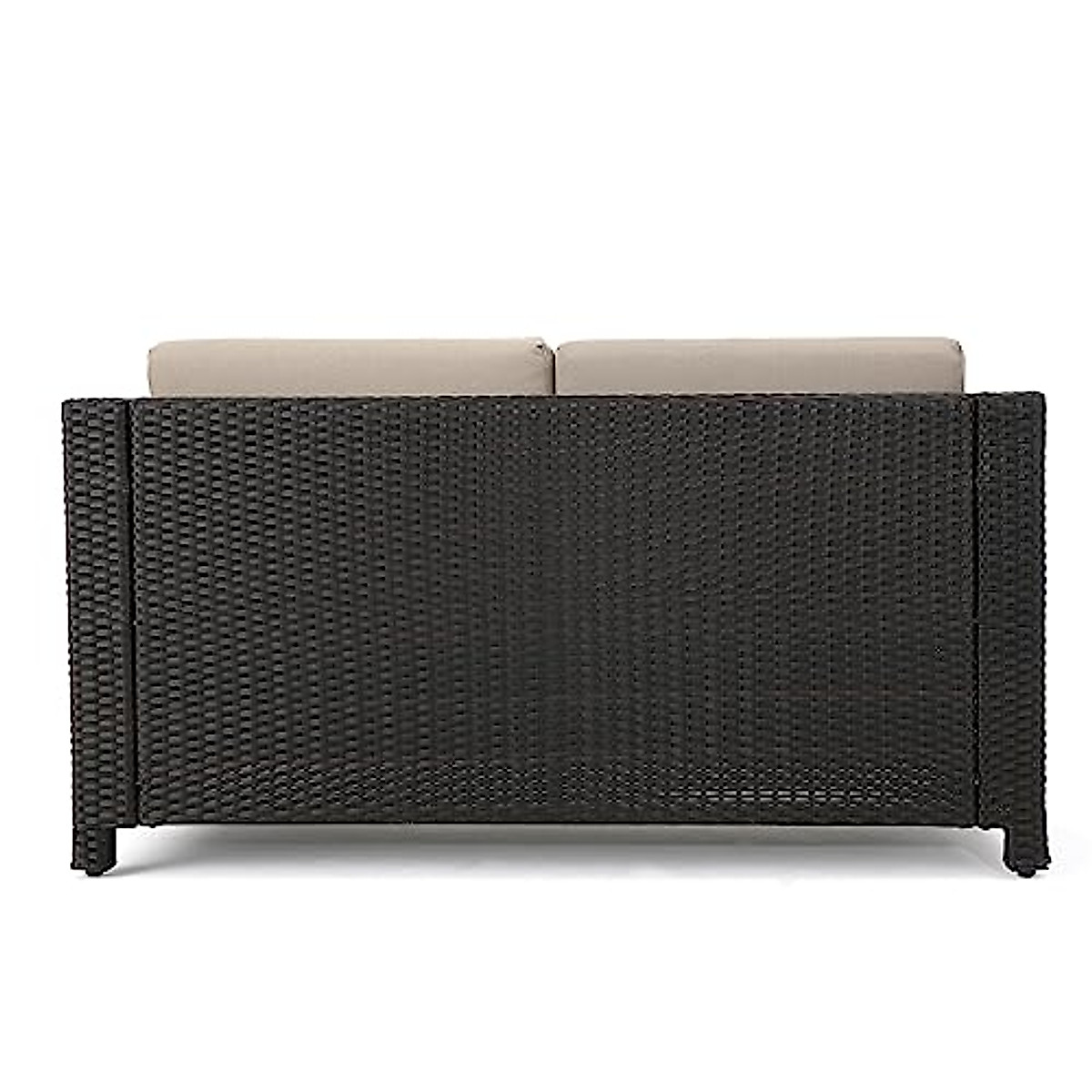 Christopher Knight Home Puerta Outdoor Wicker Loveseat with Cushions, Dark Brown / Beige Cushions