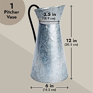 Juvale Rustic-Style Galvanized Vase with Handle, Metal Flower Vase for Farmhouse-Style Home Decor, Table Centerpieces, & Decorative Flowers Arrangements - Vase 12 Inch Tall - Metal Pitcher Vase