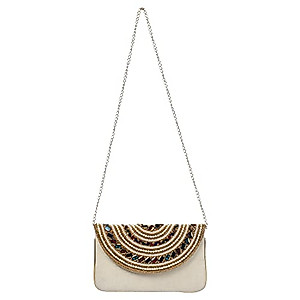 hiraeth official Women's Beaded Beige Gold Formal Clutch, Luxury Handmade Elegant Evening Bag