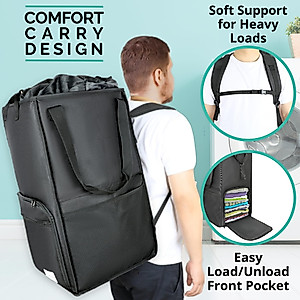 Terra Home College Essentials Travel Size Laundry Backpack - Portable, Durable, Foldable - Laundry Bag with Pockets for College Dorms - Extra Large Laundry Carrying Bag with Strap (Black)