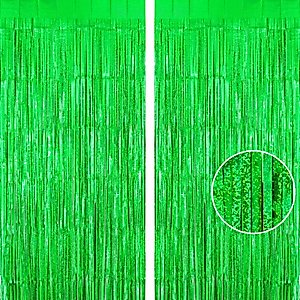 Green Tinsel Foil Fringe Curtain Backdrop, 3.3 x 8.2 ft Metallic Glitter Curtain Streamers, 2 Pack Green Photoboth for Birthday St Patrick's Day Christmas Party Decorations