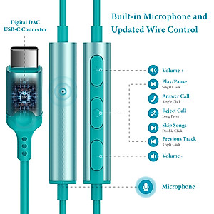 APETOO USB C Headphones for iPhone 16 15 Pro Plus iPad Pro,USB Type C Earphones HiFi Stereo USB C Wired Earbuds Microphone Volume Control for Galaxy S24 S23 S22 S21Pixel 9 8 7 7a 6 Pro 6a Turquoise