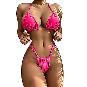 SheIn Women's Sexy 2 Pcs Ruched Triangle Bikini Bra with Thong Swimsuit Sets Hot Pink Medium