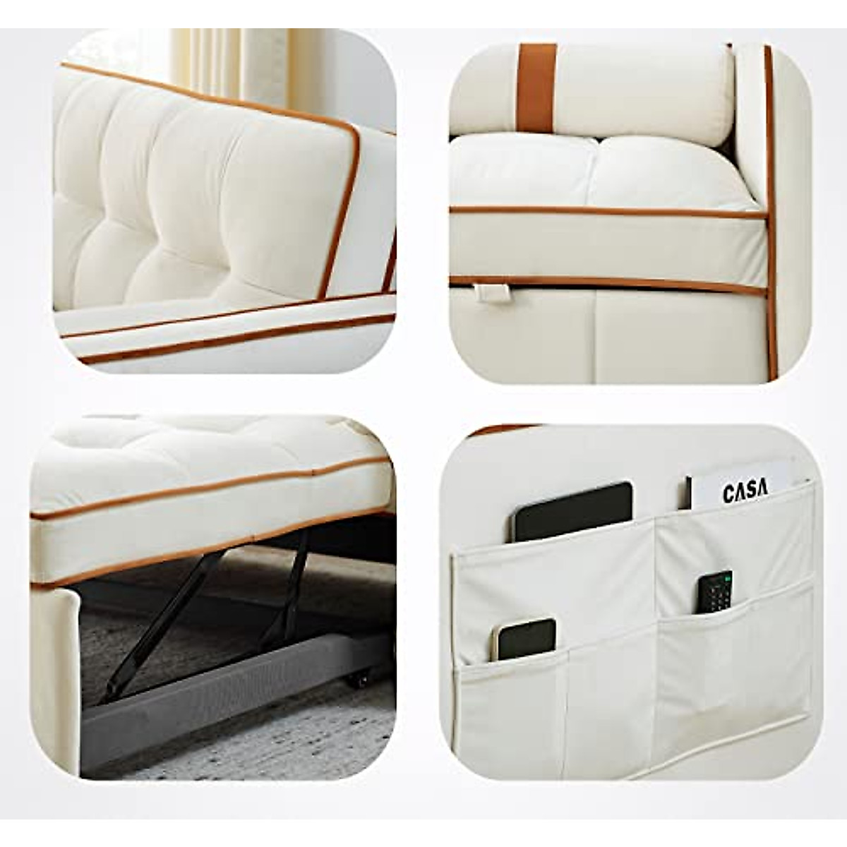 YWUFUART Modern 55.5 '' Pull-Out Sofa Bed, Double Sofa Side Pockets, Velvet Sofa Couch, Adjustable Backrest and Waist Pillow for Apartment Office Living Room(Beige)