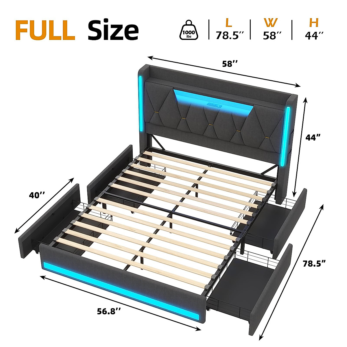 busyaeh King Bed Frame and Headboard with Storage, King Size Bed Frame with LED Lights & Charging Station, Upholstered King Bed Frame, No Noise, No Box Spring Needed, Easy Assembly