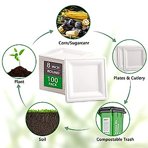 SUT 8-Inch Compostable Paper Plates, 100 PCS Square Biodegradable Bagasse Plates, Heavy-Duty Microwaveable Plates, Eco-Friendly Natural Disposable Plates, Made of Sugarcane Fibers, for Party, Picnic