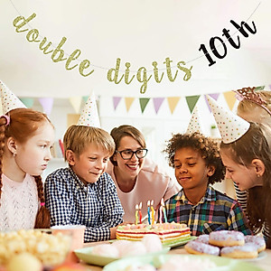 Double Digits 10th Birthday Banner, Happy 10th Birthday Party Decorations, 10 Years Old Birthday Sign (Gold Glitter)
