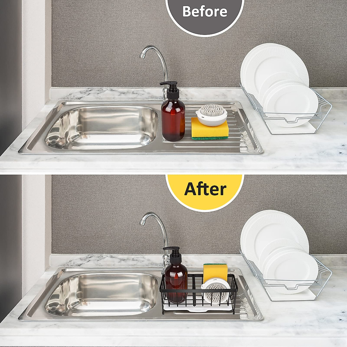 RedCall Dish Sponge Holder for Kitchen Sink,304 Stainless Steel Sink Sponge Holder, Kitchen Sink Caddy Organizer Countertop Soap Dispenser Brush Tray with Adjustable Partition