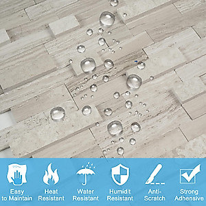 V-MOZZA Peel and Stick Stone Tile, 5-Sheet Peel and Stick Stone Mosaic Backsplash 11.5" x 10.7" 3D Marble Look Backsplash Tiles for Kitchen Fireplace (Mixed Tan)