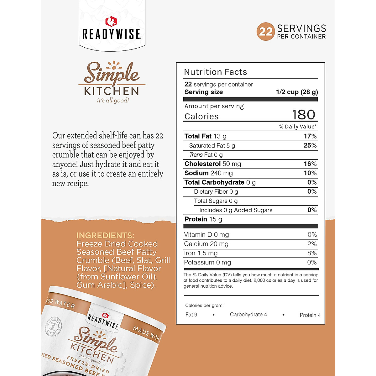 READYWISE - Simple Kitchen, Seasoned Ground Beef Crumbles, 22 Servings, MRE, Emergency Food Supply, Freeze Dried Meat, Freeze Dried Food, Canned Food, Ground Beef, Camping, Survival Food, 10 Can