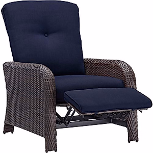 Hanover Strathmere Outdoor Recliner Chair with Thick Foam Weather-Resistant Navy Blue Cushions, Steel Frames, Brown Wicker, Luxury Outdoor Recliner for Patio, Deck, Backyard, or Porch