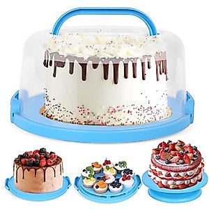 JOHOUSE Round Cake Carrier with Lid, Blue Cake Holder Cupcake Container with Dome for 11 Cupcakes 2 in 1 Portable Dessert Container for Cake Pie Muffin Cobbler