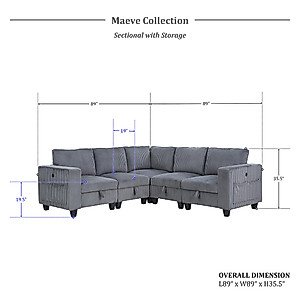 Lexicon Modular Sectional Sofa for Living Room, Corduroy Sofa Couch with Storage Pouches, and Charging Port, Customizable Sectional Sofa Couch for Living Room Furniture, 5 Seater L-Shaped Couch, Grey