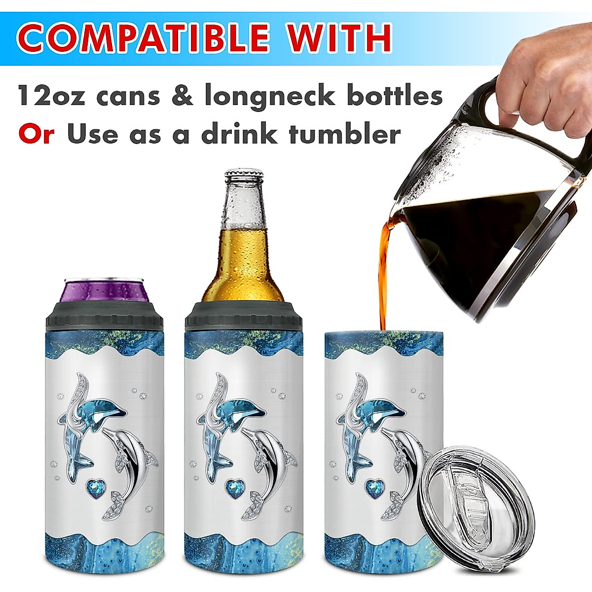 Wassmin Dolphin Tumbler Can Cooler 4-in-1 Dolphin Gift For Women Girls Teen Dolphins Jewelry Drawings Stainless Steel Insulated Tumblers 16oz Cup witj Lid Birthday Christmas Presents
