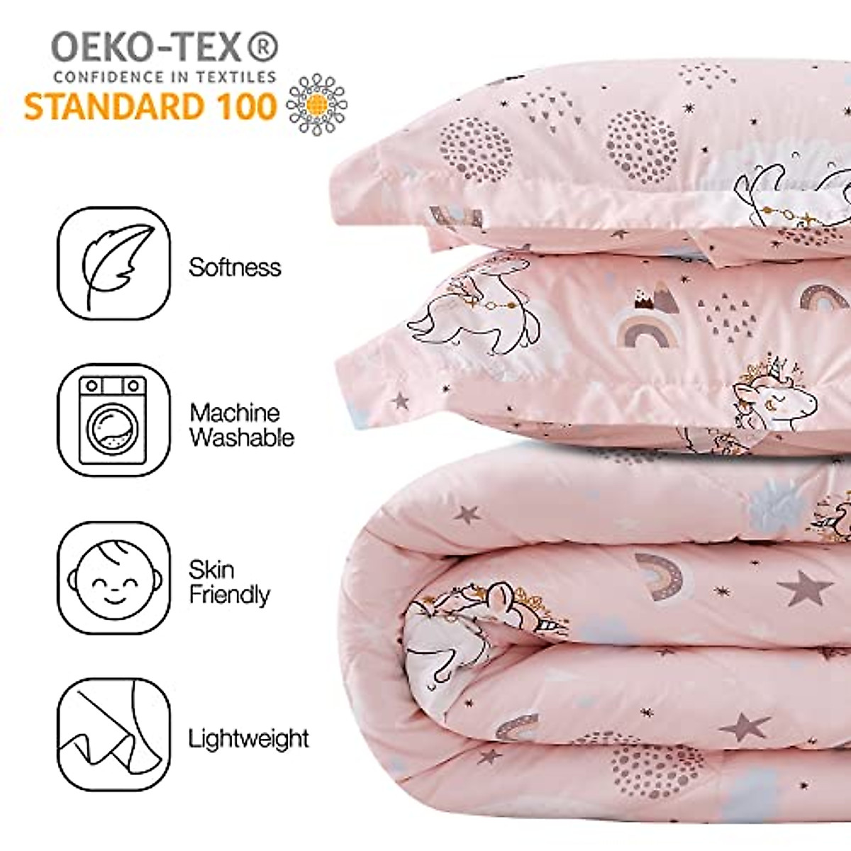 JSD Pink Unicorn Kids Comforter Set for Girls, 2 Pieces Twin Microfiber Comforter with Pillow Sham, Soft Comfortable Machine Washable