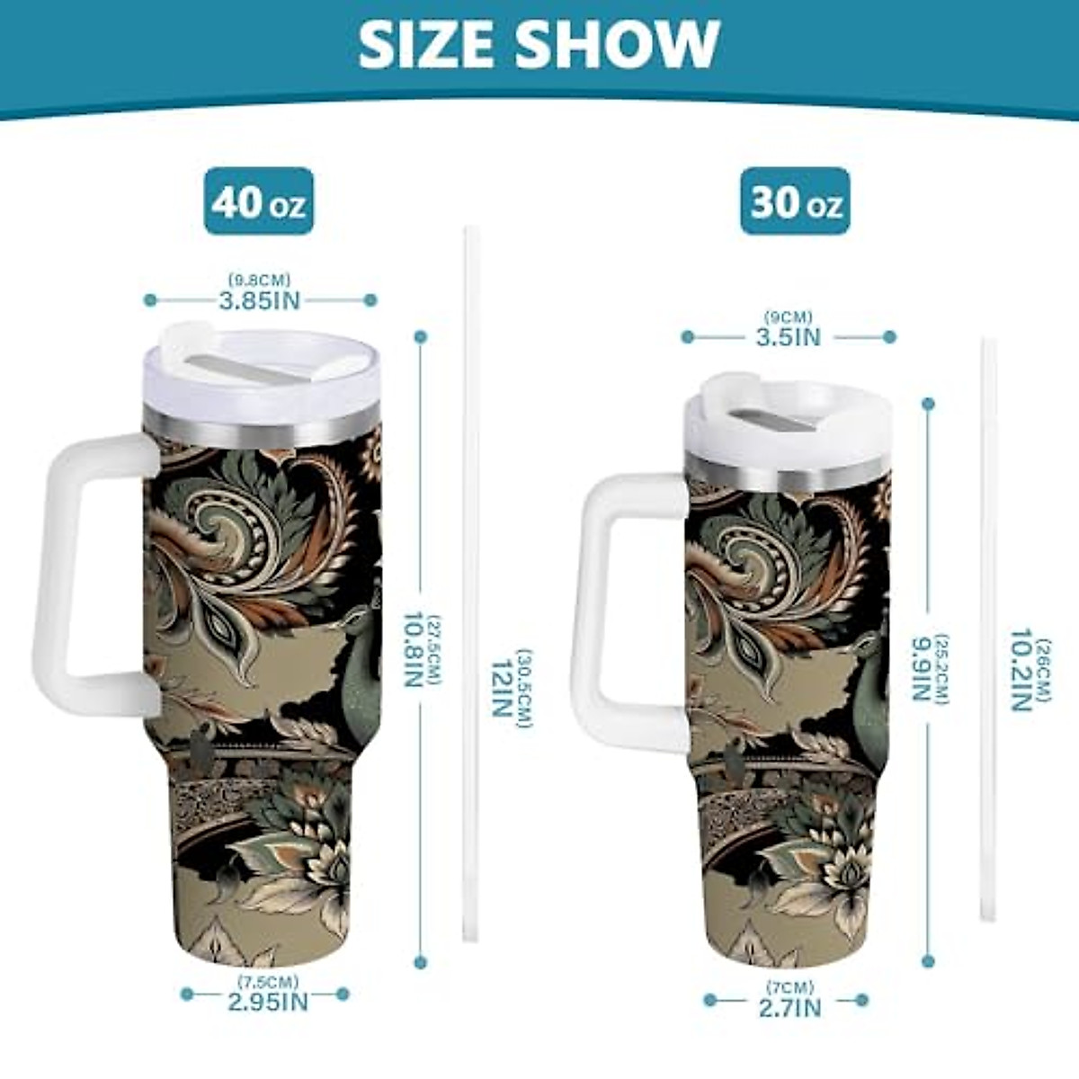 Maunzc 30 oz Tumbler with Handle and Straw, Insulated Stainless Steel Travel Mug with Lid for Coffee, Iced Tea, Water, Gift for Men Women (Peacock Paisley Textile)