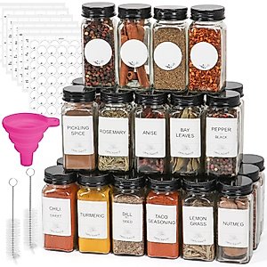 48 Pcs Glass Spice Jars with Labels and Black Lids 4oz Spice Container Set Seasoning Bottles with Blank and Printed Labels, Shaker Lids, Collapsible Funnel and Brush Included