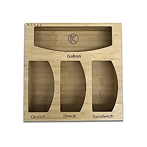 Kraze Home Bamboo Ziplock Bag Organizer & Dispenser, Kitchen Drawer Organizer, Bamboo Drawer Organizer, Baggie Organizer, Compatible with Ziploc/Glad/Gallon/Quart/Sandwich & Snack Size Bags