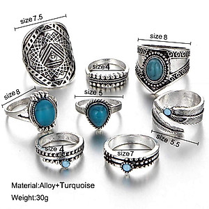 Barode Boho Turquoise Knuckle Vintage Feather Joint Knuckle Ring Set Stackable Midi Ring Set for Women(8PCS)