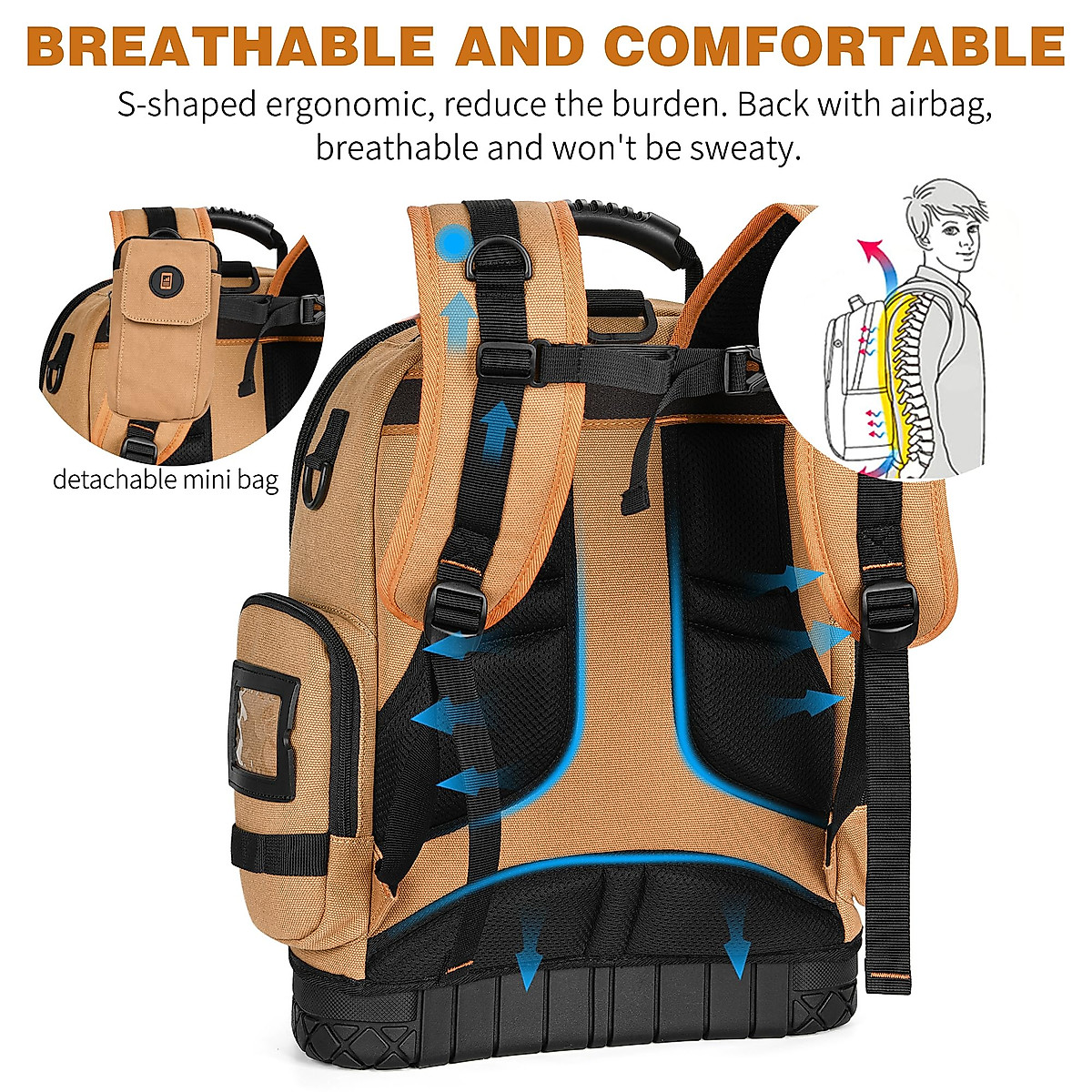 Tool Bag Backpack, 75 Pockets & Loops Canvas Heavy Duty Tools Organizer Bags/HVAC Tool Carrier for Electrician/Construction Work with Molded Base and Combination Lock - Brown