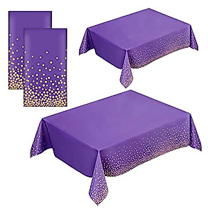 2 Pack Purple Tablecloth Plastic Disposable tablecloths for Rectangle Tables 54" x 108" Purple and Gold Table Cover for Parties