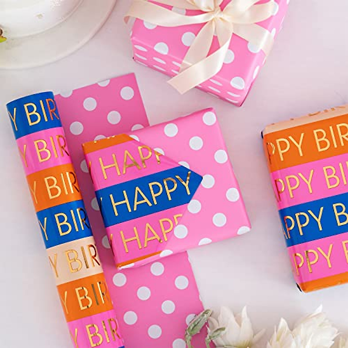 RUSPEPA Reversible Wrapping Paper Roll - Birthday Pink Pattern Great for Birthday, Party, Baby Shower - 17.5 Inches X 32.8 Feet