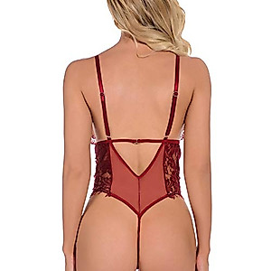 wodceeke Sexy Sling Lace Siamese Plus Size Lingerie For Women See-through Hollow Embroidered Pajamas Shapewear (Red, XXL)
